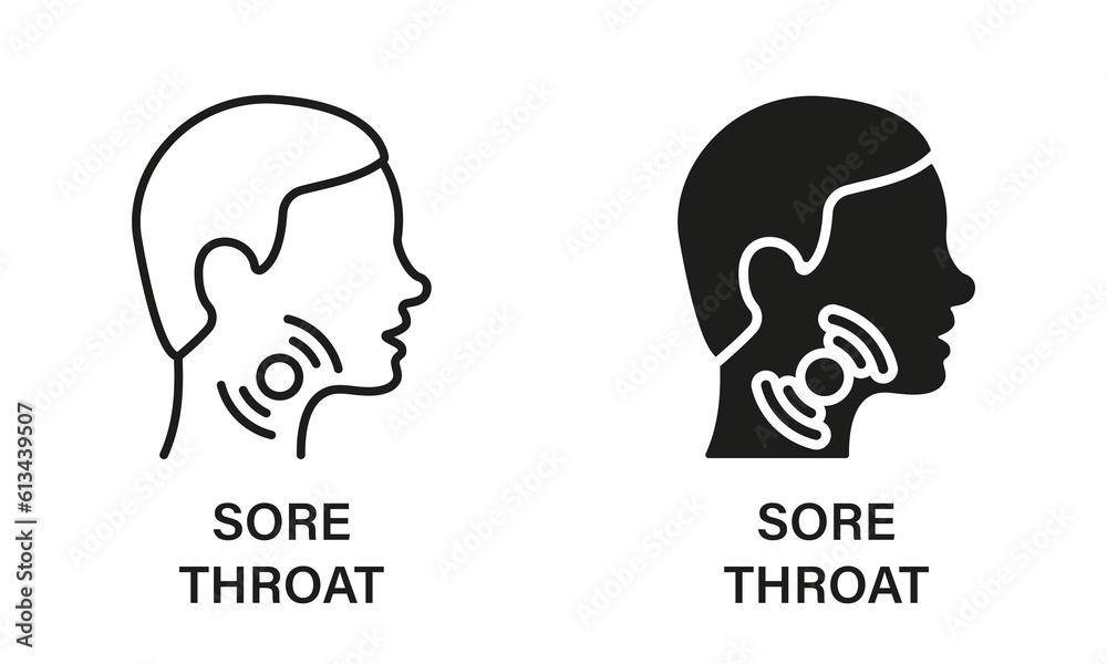 Sore Throat Line and Silhouette Icon Set. Painful Sore Throat Symbol ...