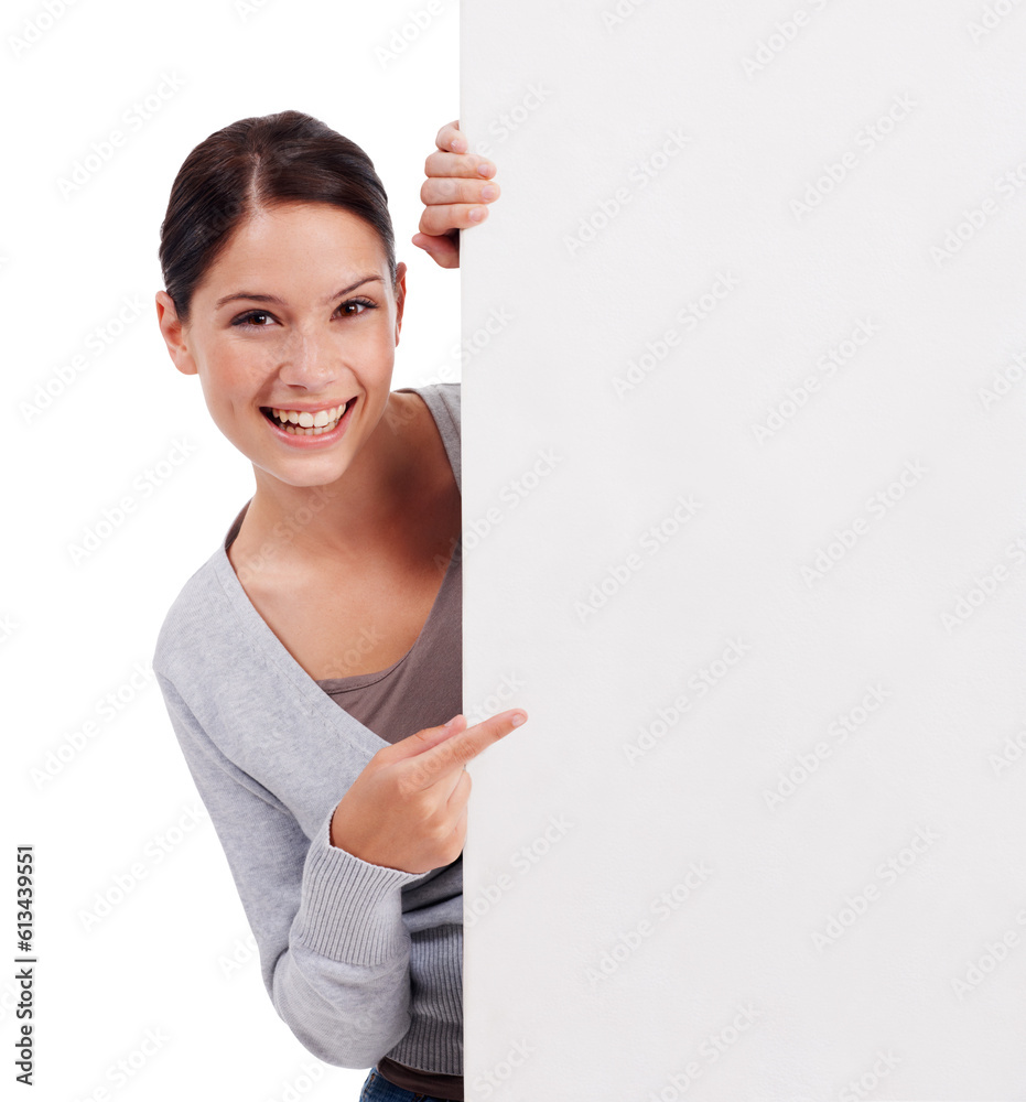 Isolated business woman, point and billboard in portrait, mockup space and vote by transparent ...