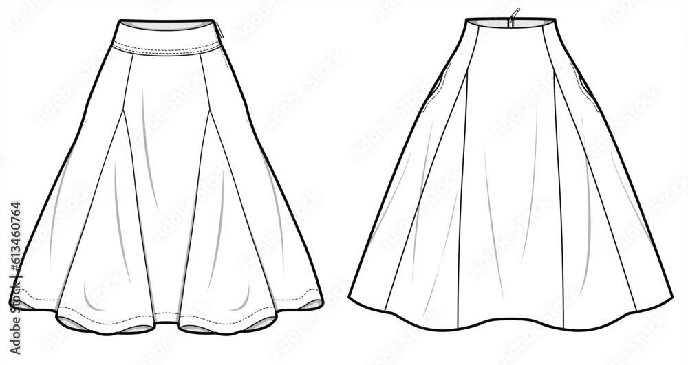 Vector de Stock Godet Skirt, Paneled Skirt, Women Flared Skirt Fashion ...