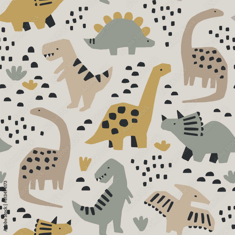 Hand drawn seamless pattern with dinosaurs and abstract shapes ...