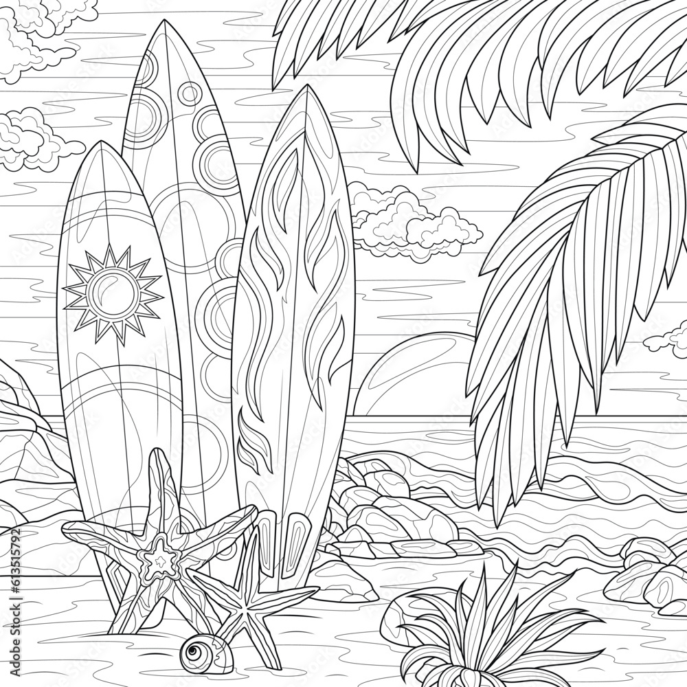Surfboards on the beach.Coloring page antistress for children and ...