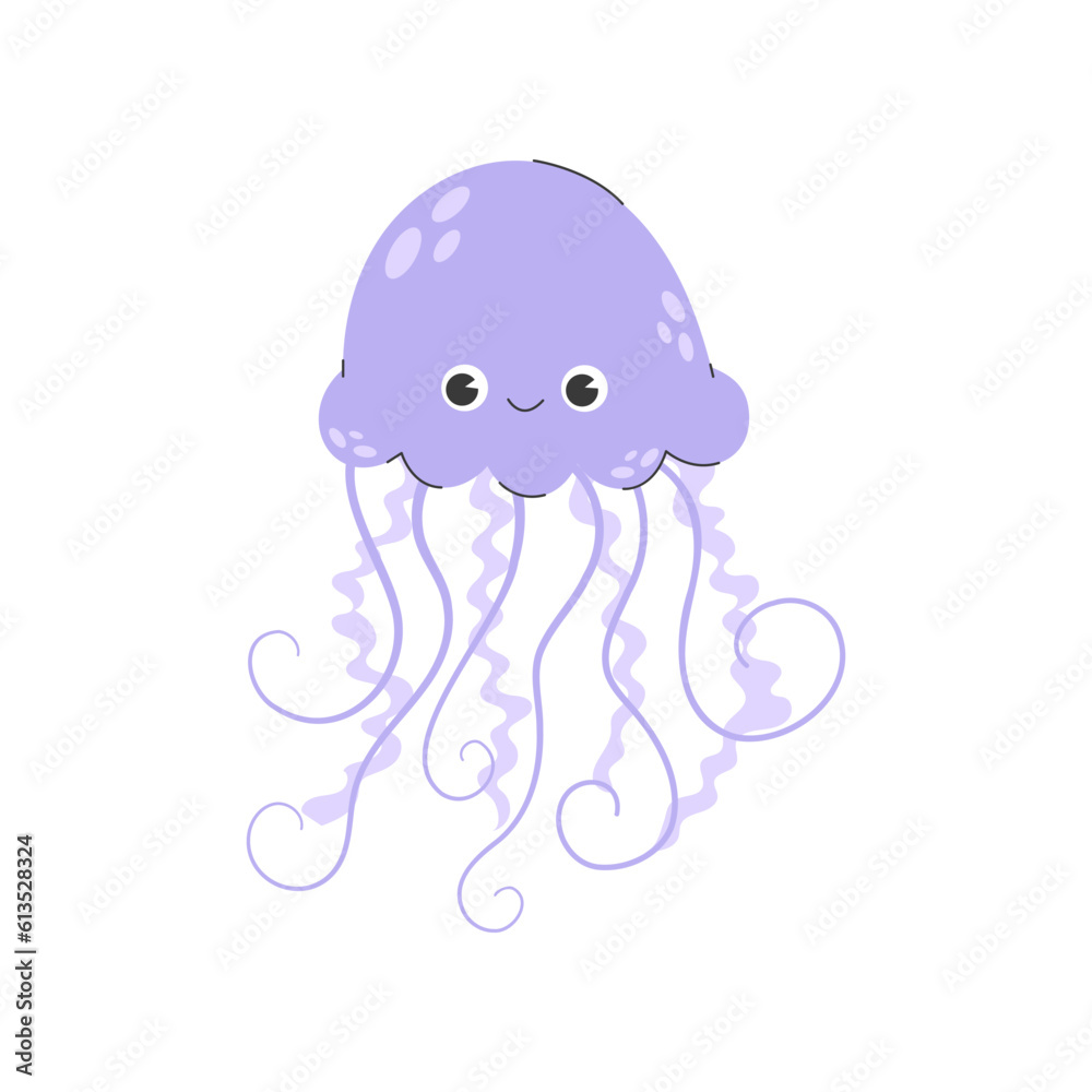 Cute baby jellyfish swimming. Jelly fish with happy smiling face ...