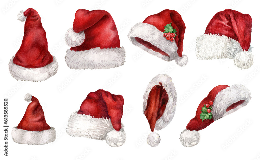 Watercolor hand-drawn Santa Clause hat collection, red hats isolated on ...
