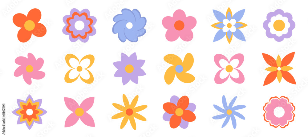 Colorful groovy retro flower daisy set. Hippie stickers. Modern ...