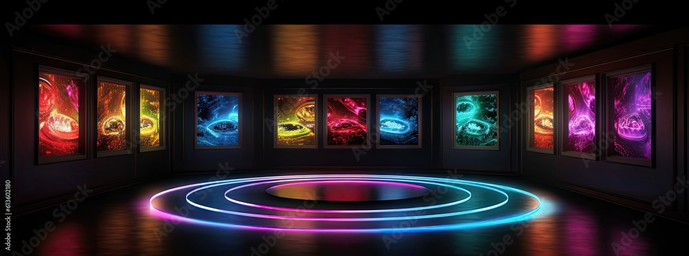 circular room, neon lights mirror and glow, creating an enchanting ...