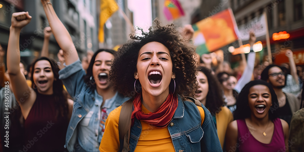 A group of diverse activists marching in a busy city street, carrying ...