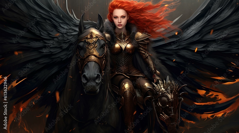Beautiful red hair valkyrie with wings in black and golden Armor riding ...