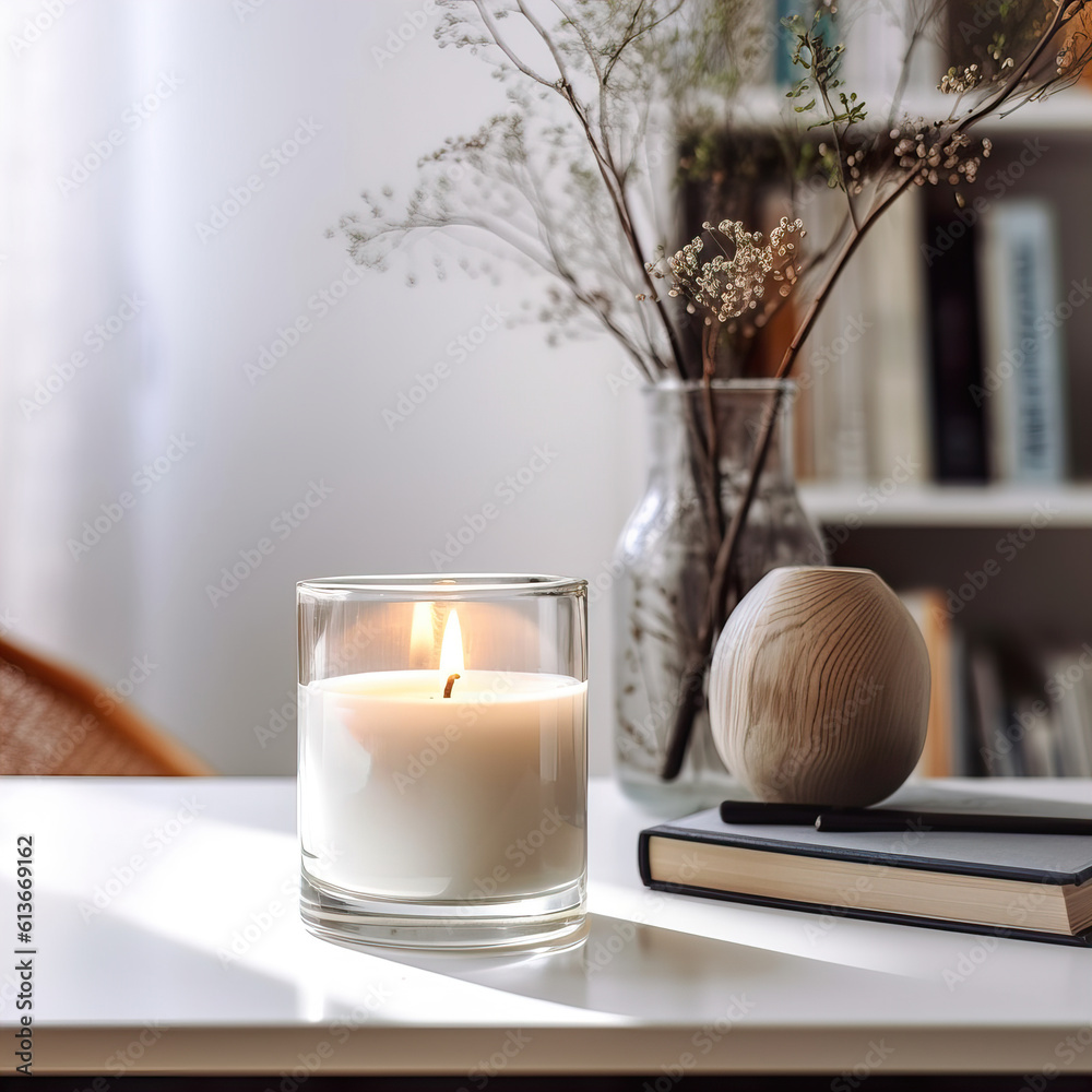 Clear glass candle jar mockup, burning container candle template in bright light room interior ...