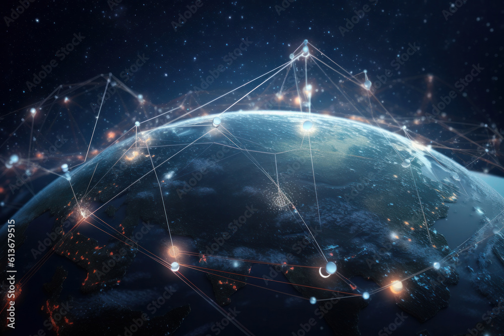 The earth in digital form with a web of interconnected nodes overlayed ...