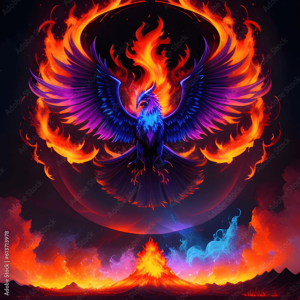 A phoenix rising from the ashes, glowing fire aura, on top of a volcano ...