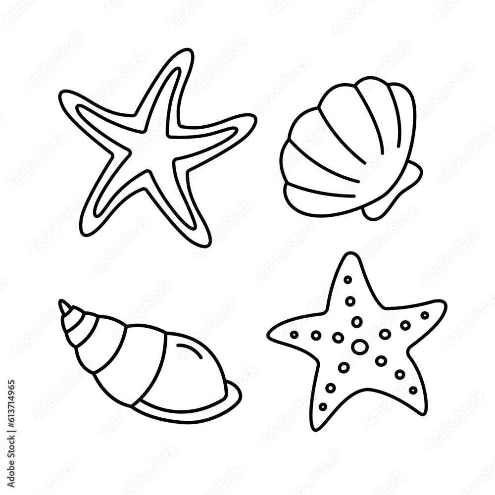 Hand drawn Sea shells and star doodle contour line drawing set marine ...