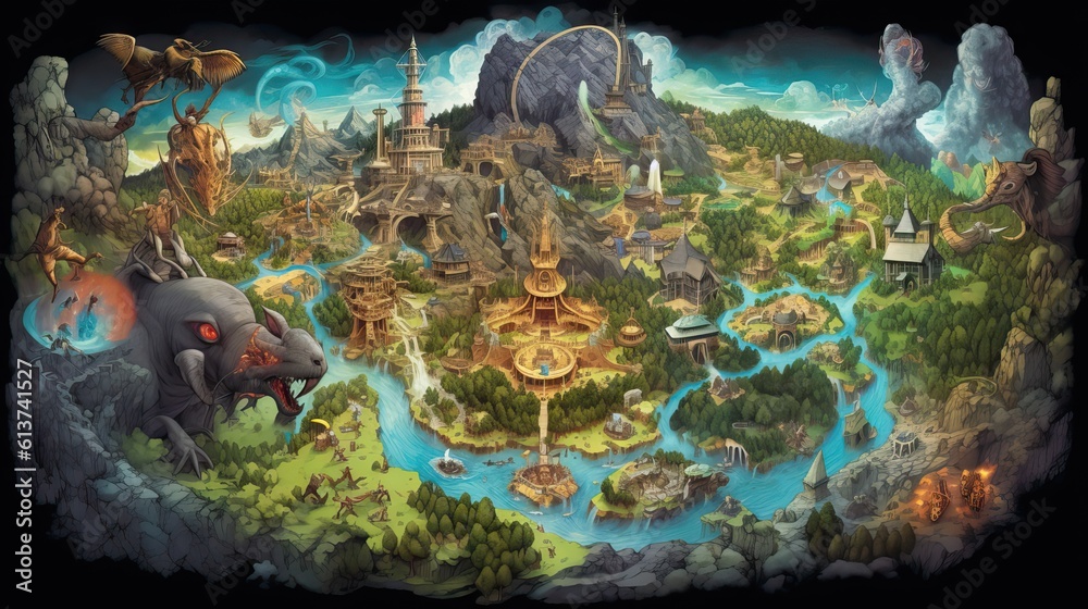 A detailed map of a fantasy world, complete with mythical creatures and ...