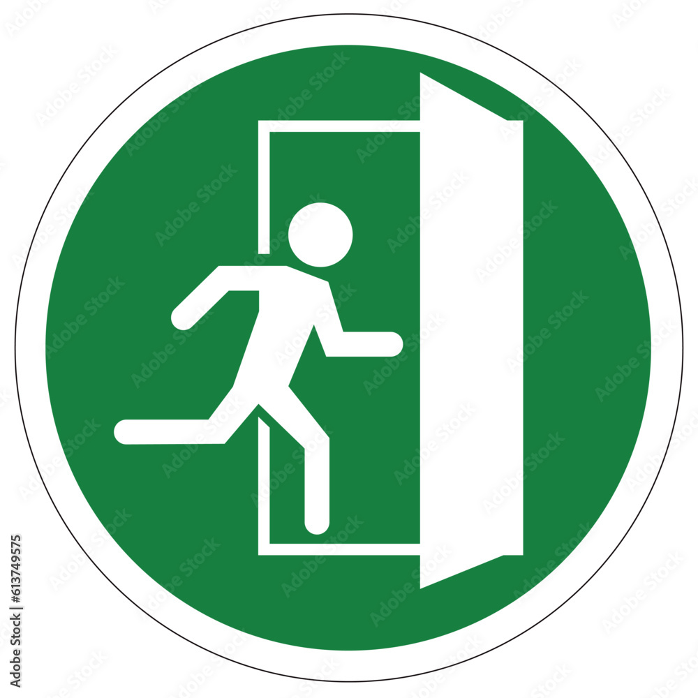 emergency fire exit sign with running man icon to door in circle design ...