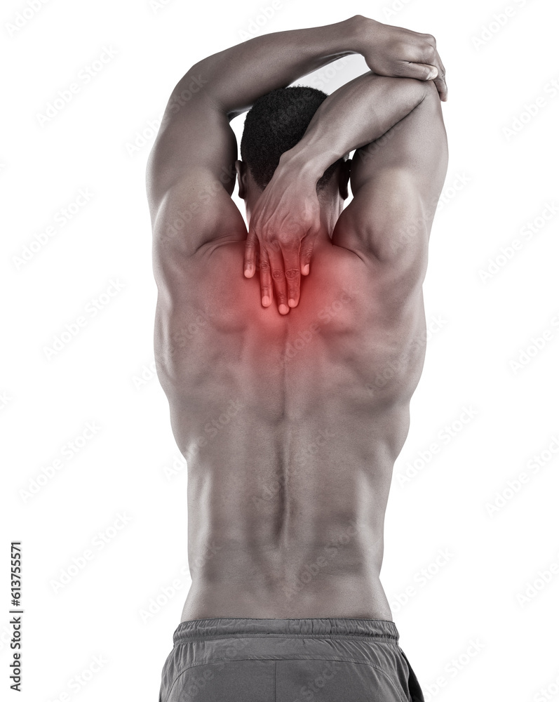 Injury, back pain and fitness with man and stretching on transparent ...
