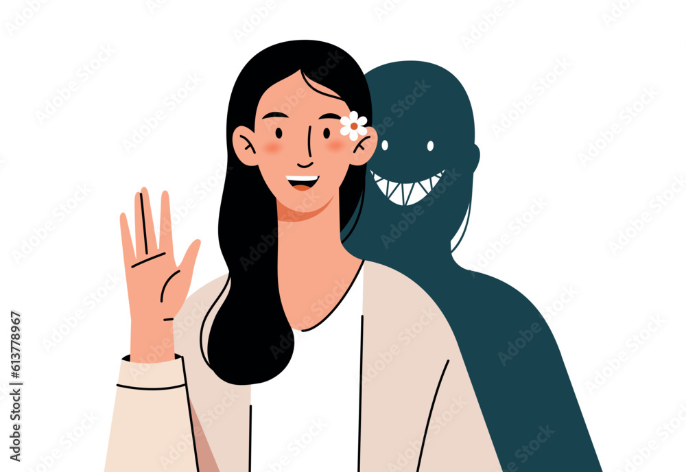 Girl with split personality. Smiling girl with an evil shadow ...