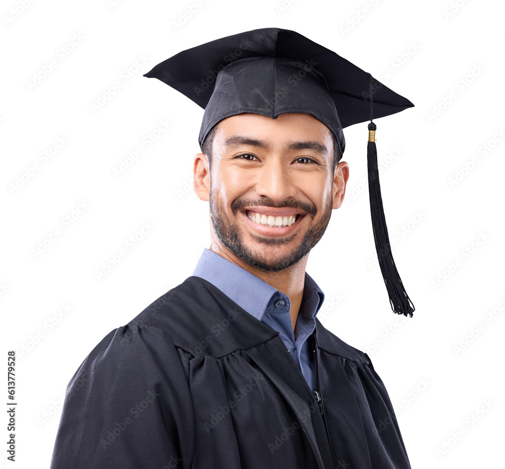 Face, happy and graduation of Asian man isolated on a transparent png ...