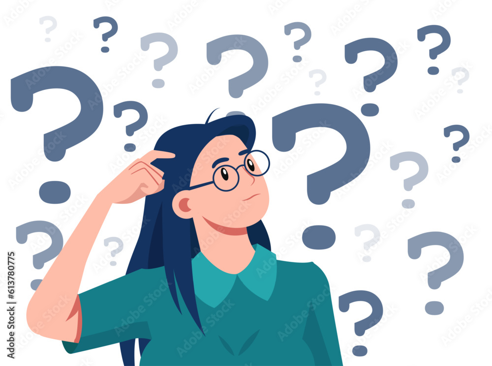Vector of a confused thinking woman bewildered scratching head seeks a solution looking up at ...
