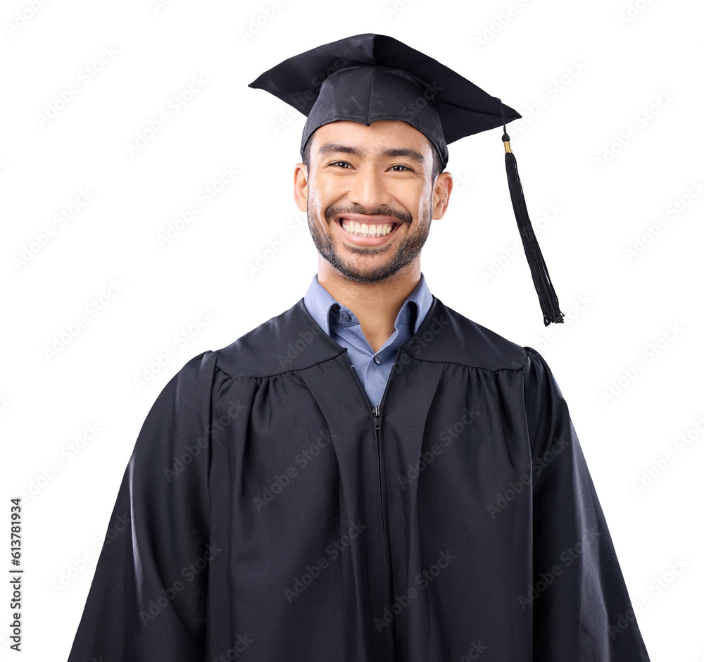 Portrait, smile and graduation of Asian man isolated on a transparent ...