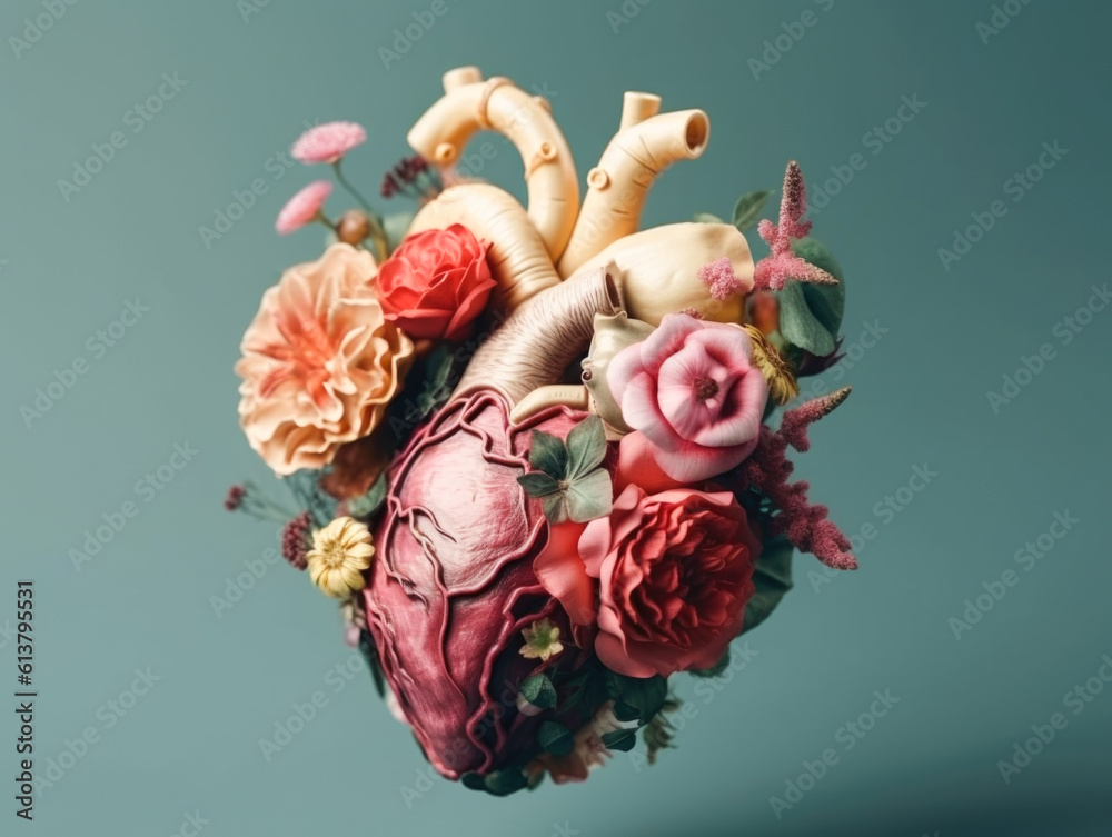 Blooming anatomical human heart. hand drawn illustration in vintage ...
