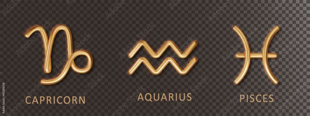 เวกเตอร์ Stock Zodiac gold signs Capricorn, Aquarius, Pisces, with ...