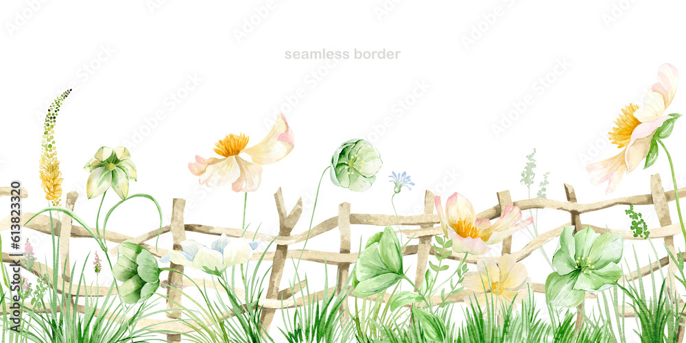 Wildflower border, watercolor illustration. seamless border with ...
