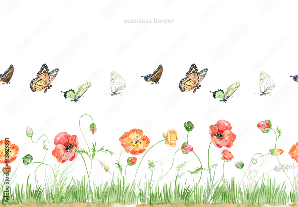 Wildflower border, watercolor illustration. seamless border with ...