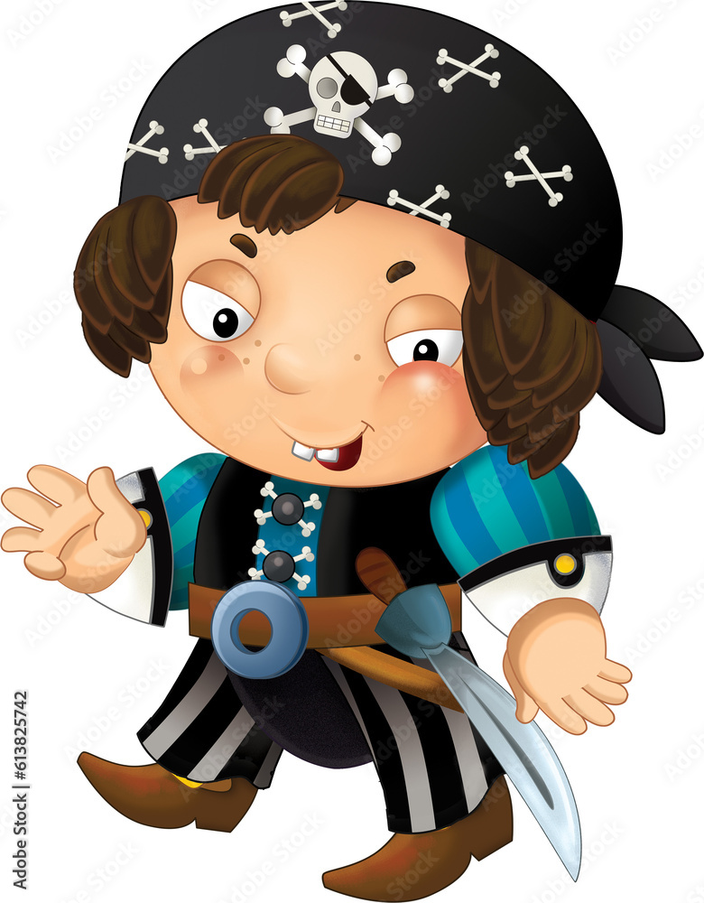 cartoon scene with pirate man fighting and old style cannon on whtie ...