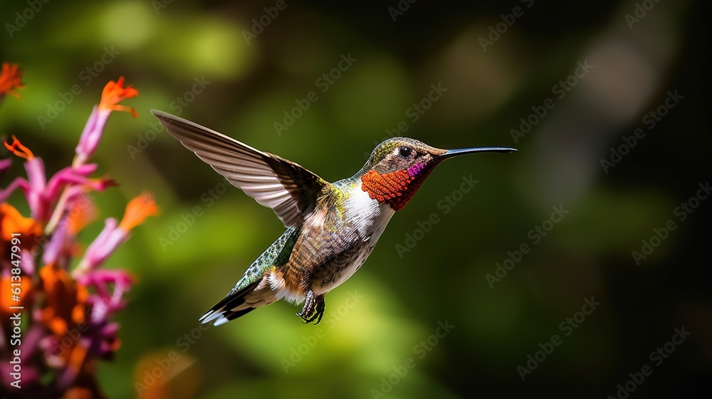 a Archilochus colubris, a hummingbird, flying over a flower with a ...