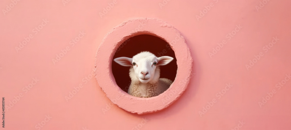 Front view. White cute sheep looks out of a round window in the wall of ...
