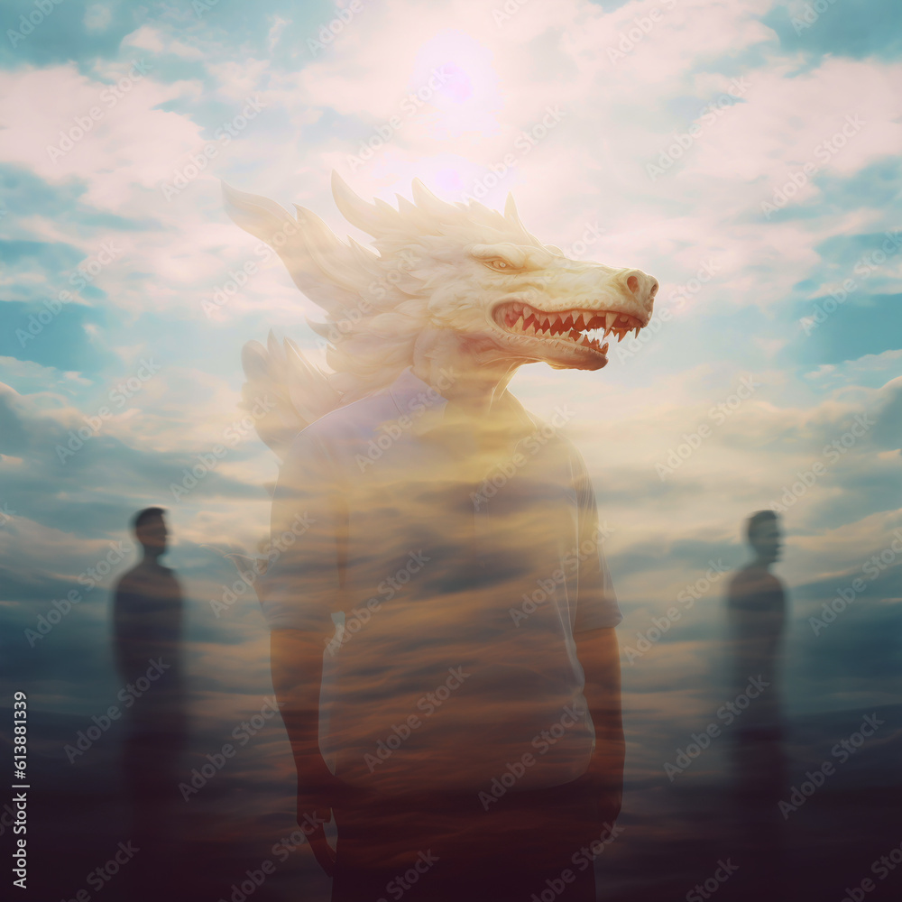 AI-generated illustration of a man with a haunting dragon mask ...