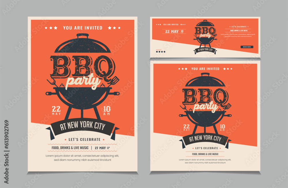Set of BBQ Invitation Banner, barbeque invitation, flyer and facebook ...