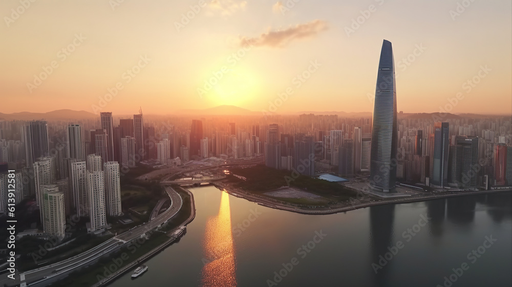 Aerial Drone Sunrise Scene view of Seol Downtown Skyline with Han River ...