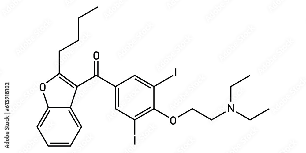 Chemical structure of Amiodarone (C25H29I2NO3). Chemical resources for ...