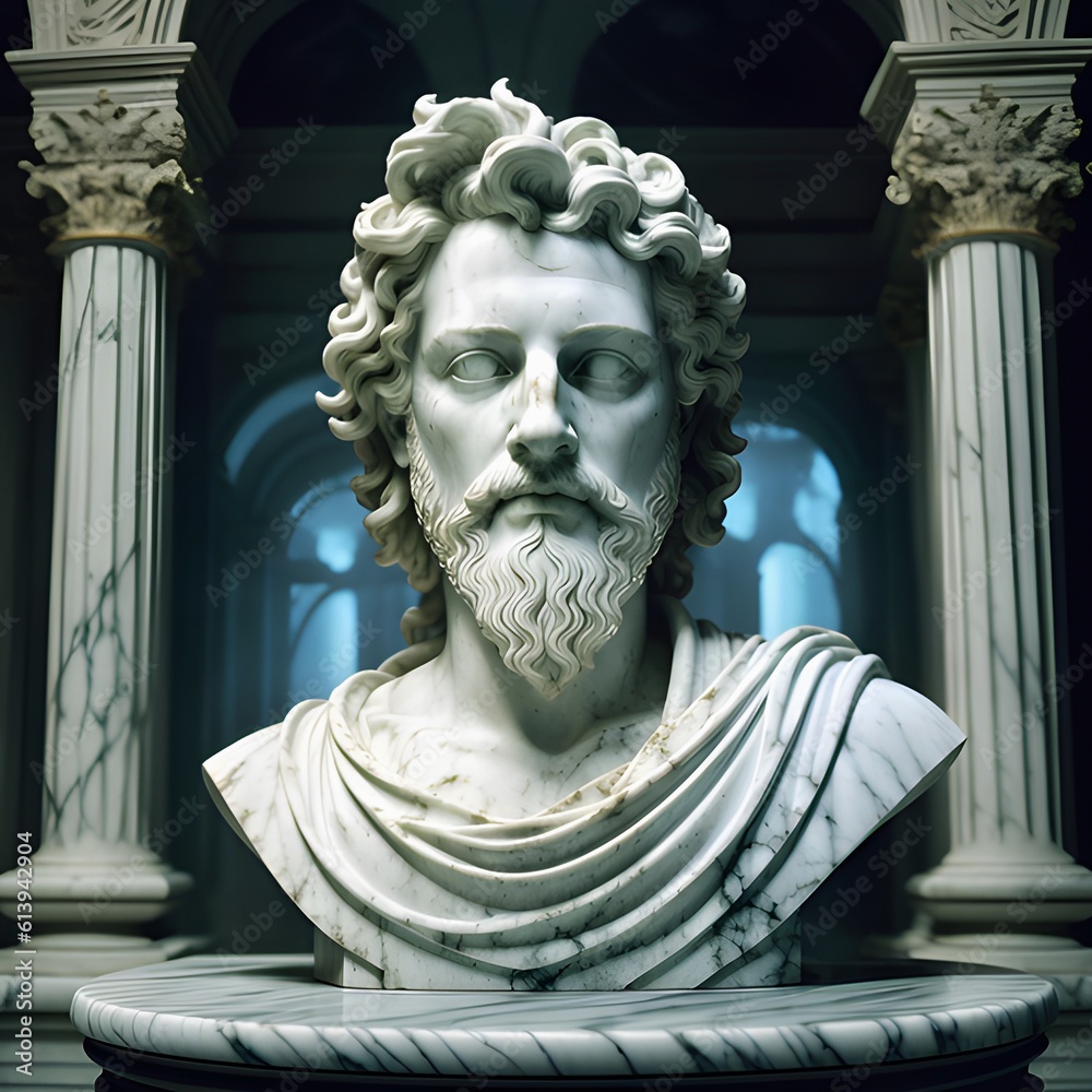 Image featuring a chiseled white marble statue bust of Greek god Zeus ...