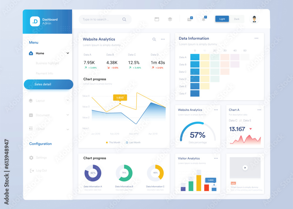 Infographic dashboard. UI design with graphs, charts and diagrams. Web ...