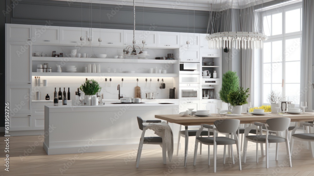 Front view on bright kitchen room interior with white fasades, kitchen ...