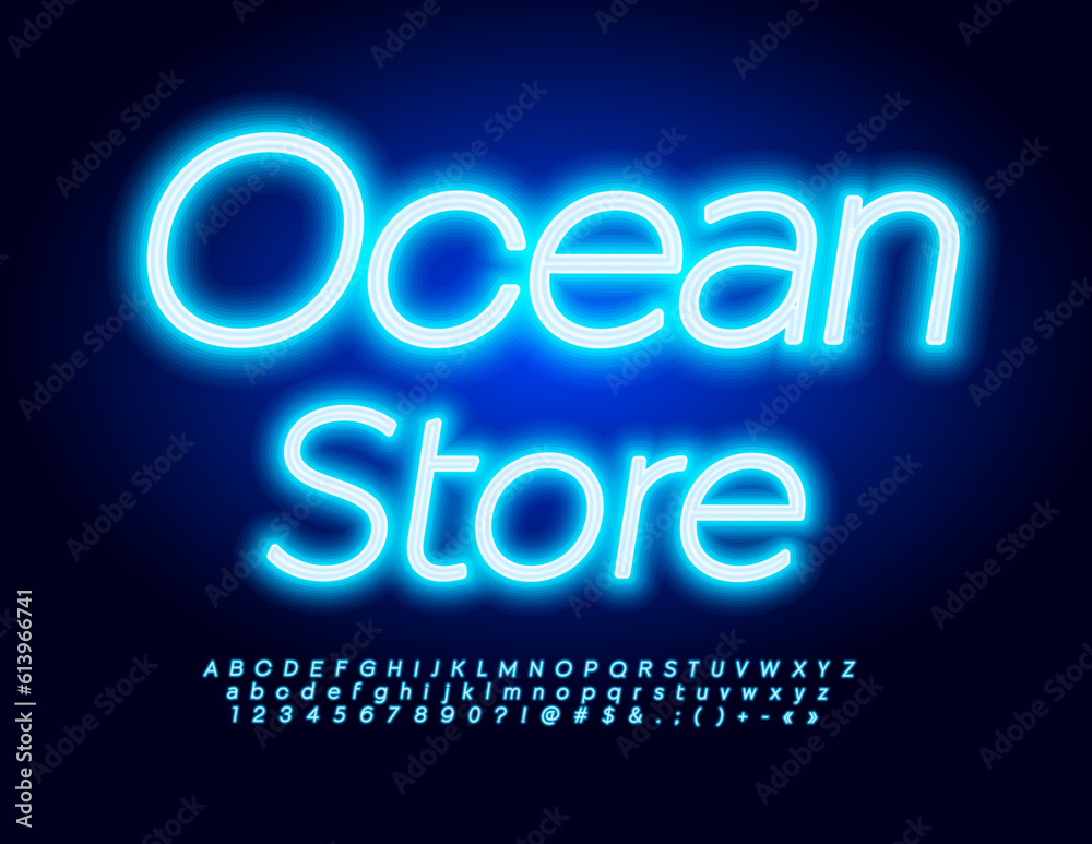 Vector advertising poster Ocean Store. Blue Neon Font. Bright Glowing ...
