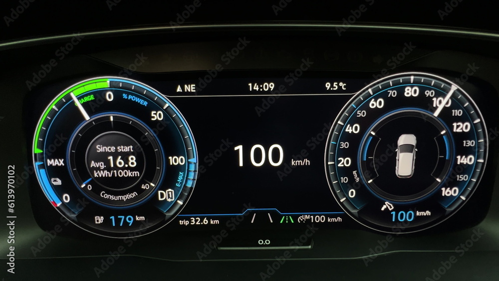 Fotografie Electric car speedometer reaching speed extremely fast ...