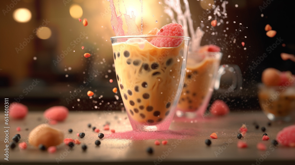 Boba tea flying milk splash, panoramic ai art for cafe, realistic, high ...