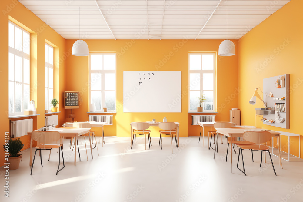 Generative AI Empty classroom or presentation room interior with desks ...