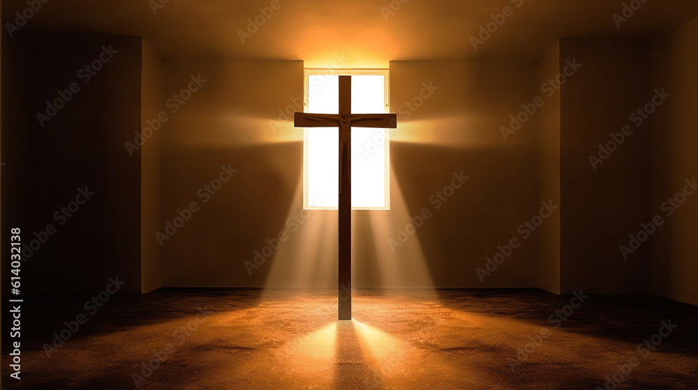 ภาพประกอบ Stock Generative AI Cross silhouette on altar near window in ...