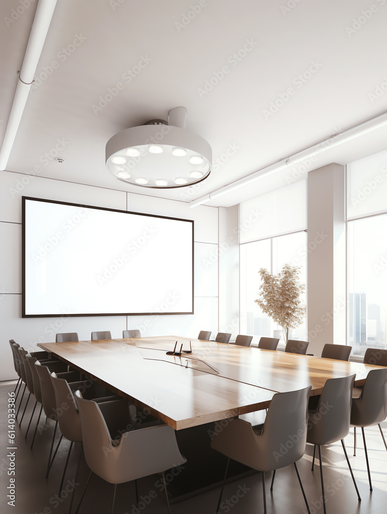 Generative AI Projector screen canvas in modern conference room with big windows. Side view ...