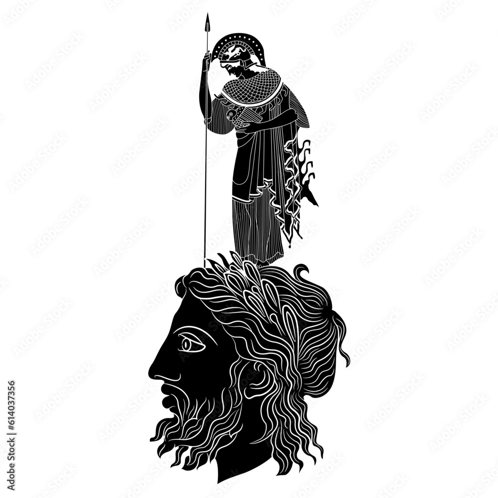 Birth of goddess Athena in full armor from head of Zeus. Ancient Greek ...