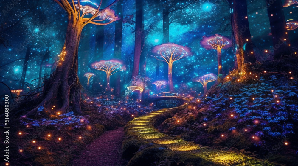 "Step into a surreal dreamscape where a mystical forest glows with ...