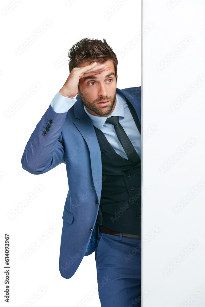 Peeking, business and man with a wall, formal and opportunity isolated ...