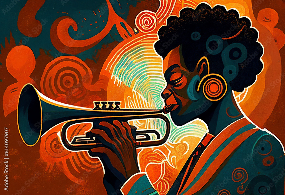 Afro-American female jazz musician trumpeter playing a brass trumpet in ...
