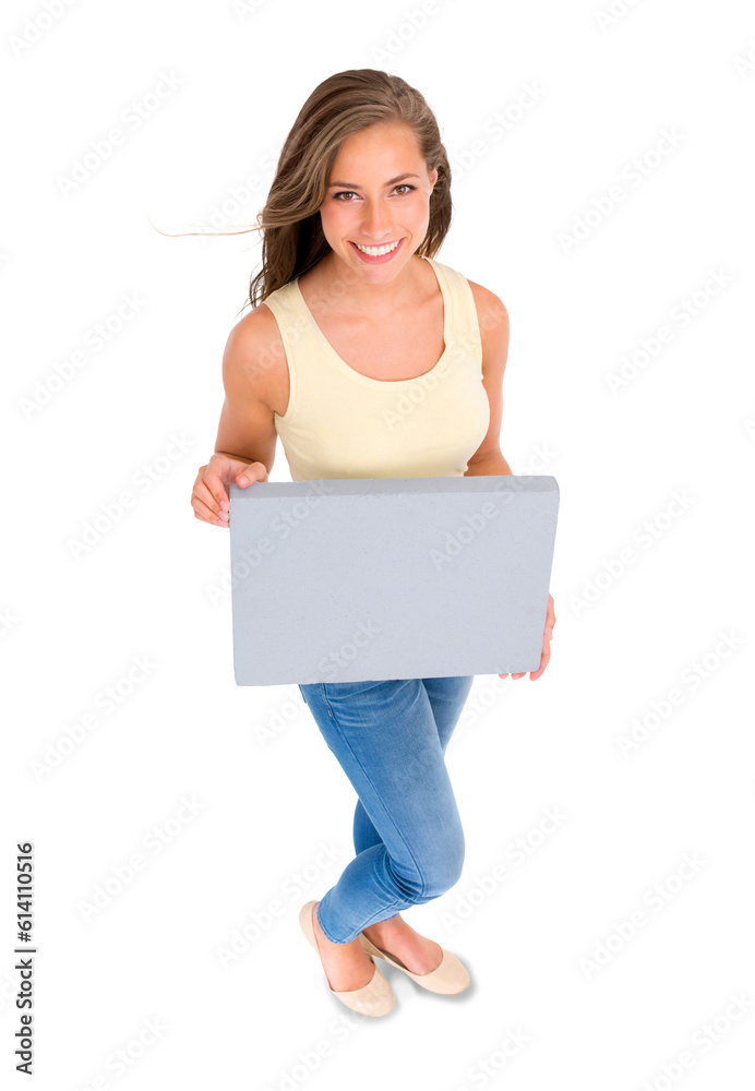 Woman in portrait, poster mockup and top view with marketing sign ...