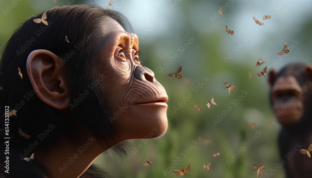 Recreation of a hominid looking with happiness and surprise butterflies ...