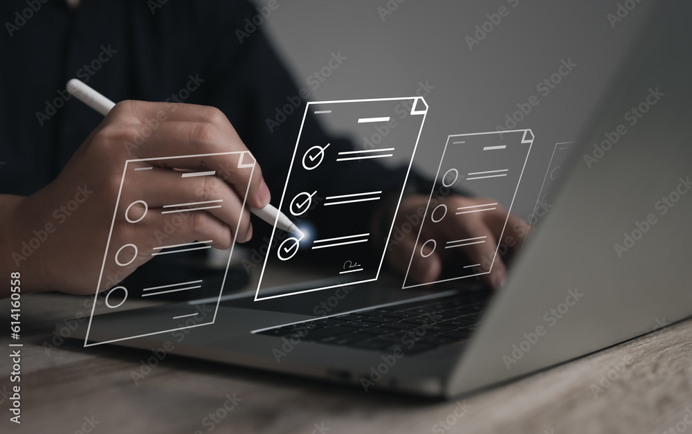 Performance checklist concept : businessman using stylus pen with ...