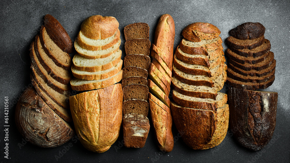 Banner with the image of different types of bread. Assortment of rye ...